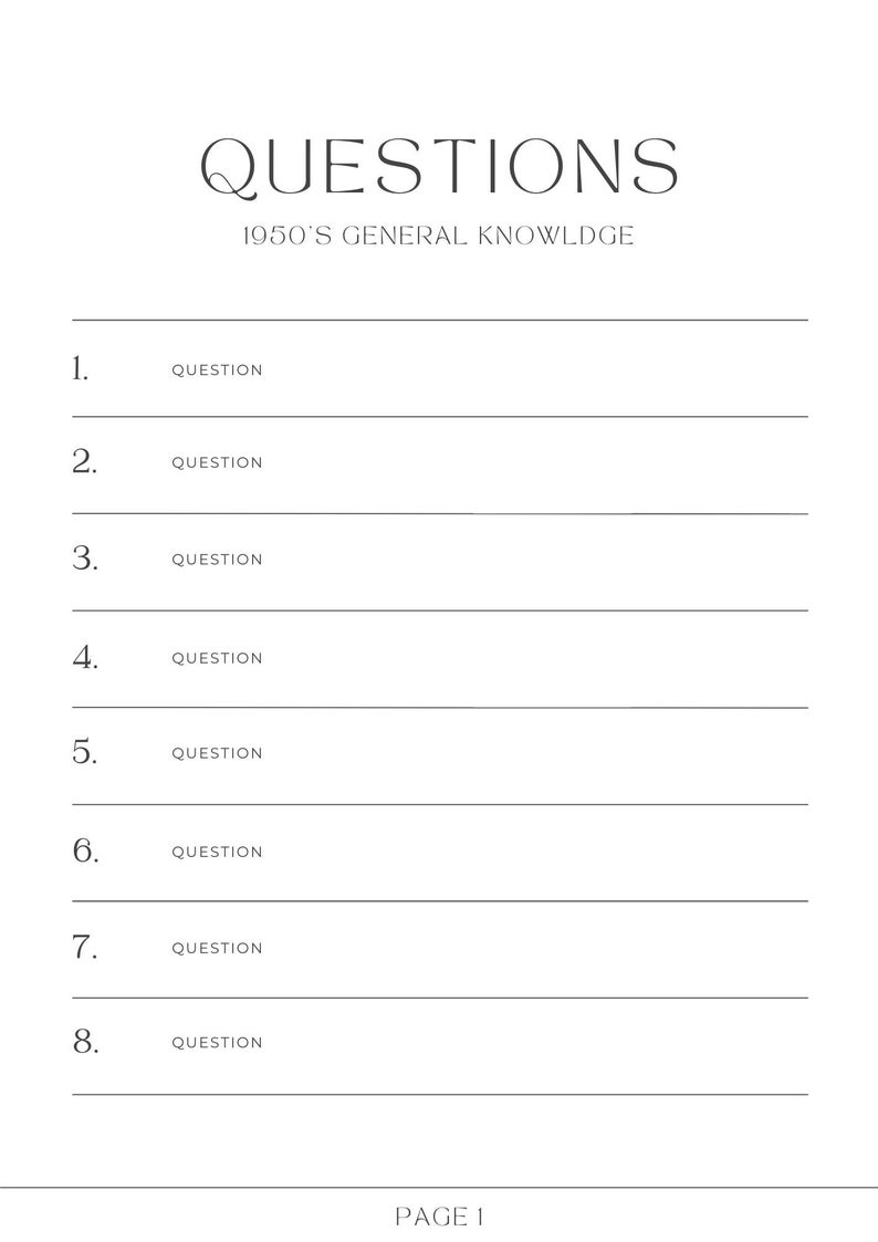 1950 General Knowledge Quiz Printable Digital Download Retro Trivia Fun ...
