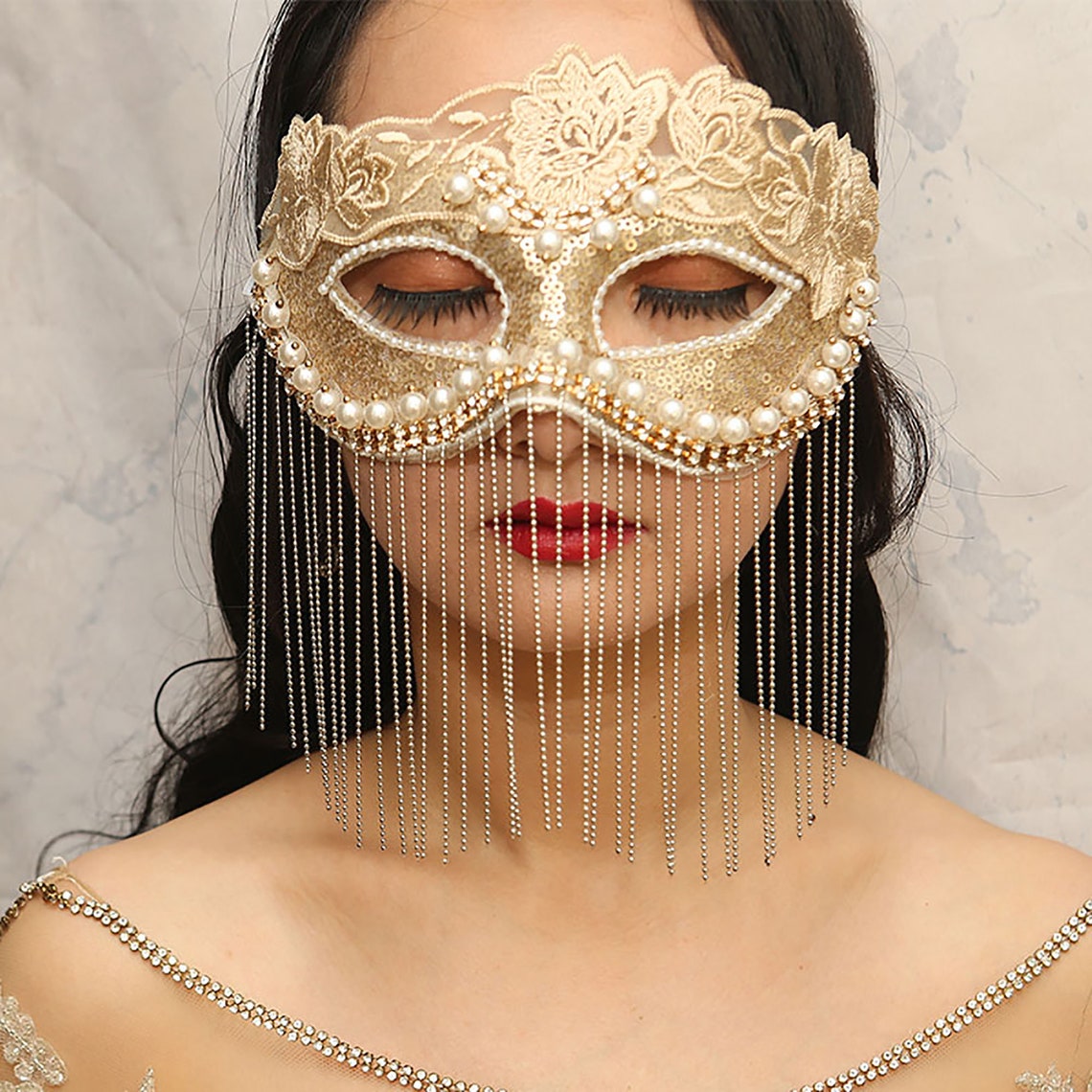 Champagne Lace Retro Elegant Mysterious Mask Tassel Mask - Etsy