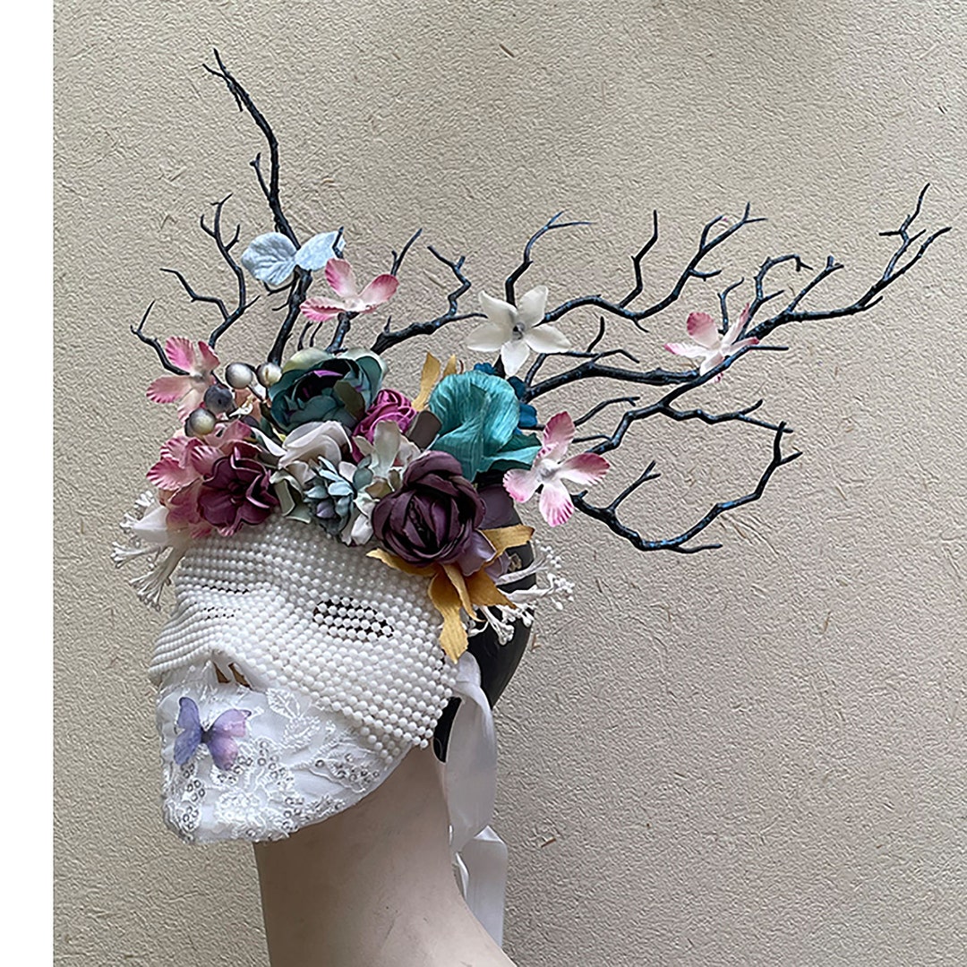 Handmade Flowers and Withered Branches Full Face Mask Headdress ...