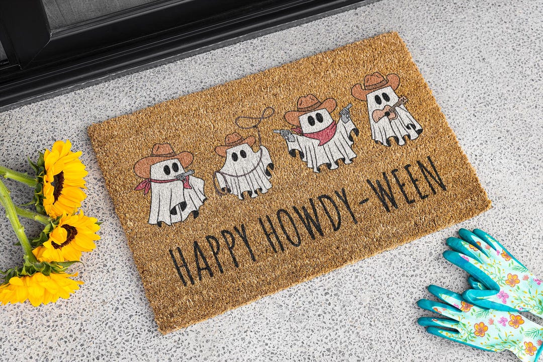 Happy Howdy-ween Cowboy Doormat, Ghost Cowboy Halloween Door Mat Custom ...