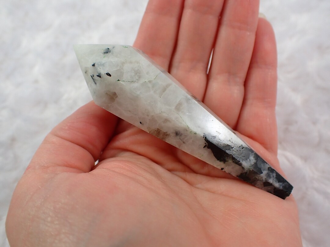 White Natural Rainbow Moonstone Crystal Wand - Faceted Blue Flash ...