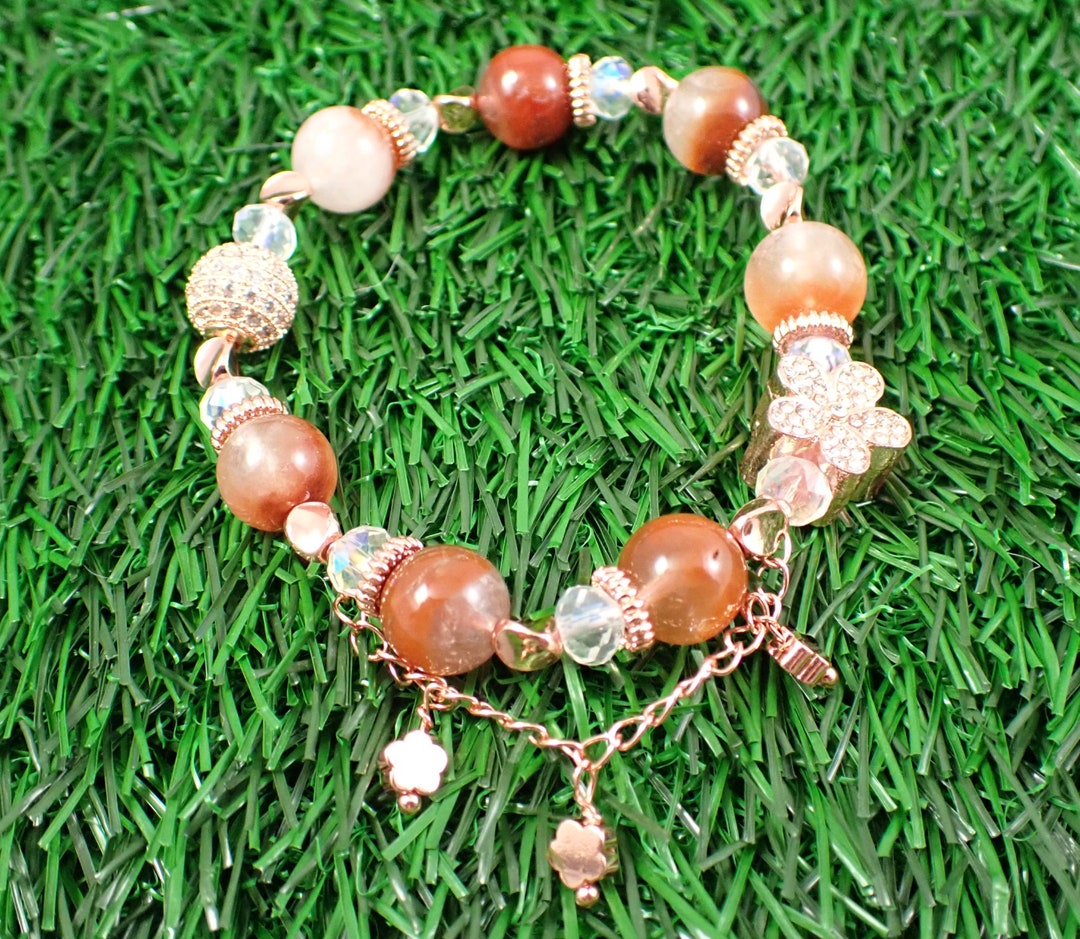One Carnelian Crystal Rose Gold Flower Bracelet - 10mm Smooth Round ...