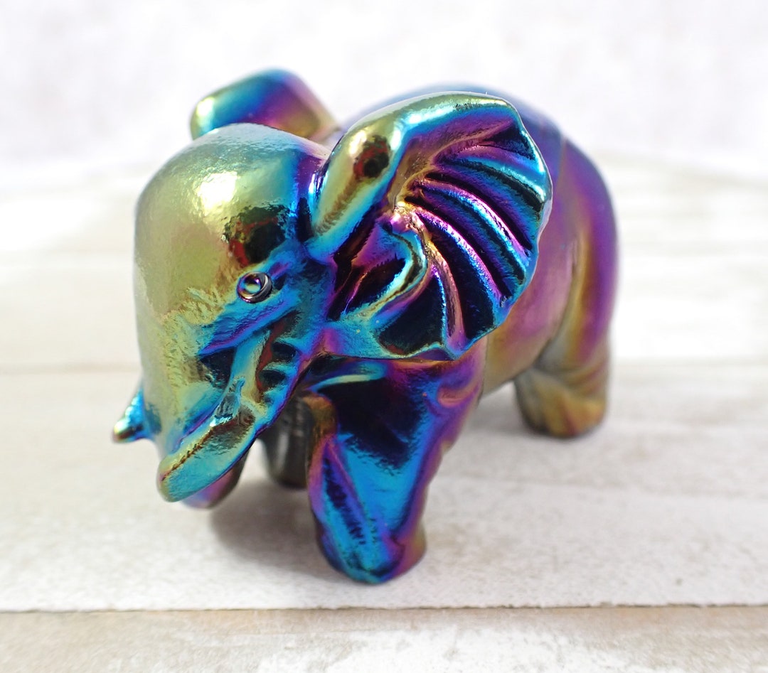 Bright Shiny Titanium Aura Quartz Elephant Crystal Carving - Standing ...