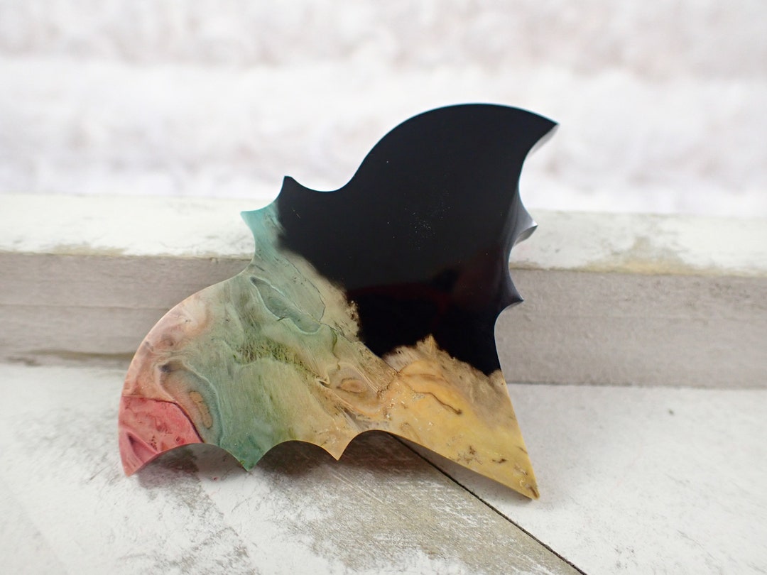 Black Rainbow Fossilized Palm Root Crystal Bat Carving - Smooth Flat ...