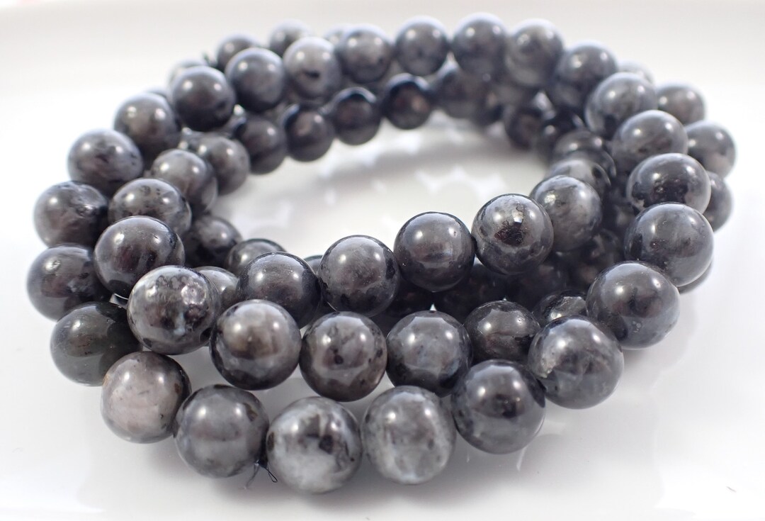 One Natural Larvikite Crystal Bead Bracelet - 8mm Smooth Round Beads - Black Gray Silver Shiny ...