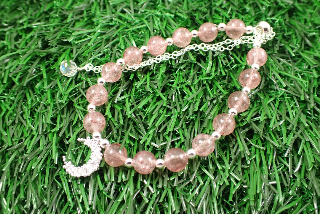 One Pink Strawberry Quartz Moon Crystal Bracelet - 10mm Moon Charm ...