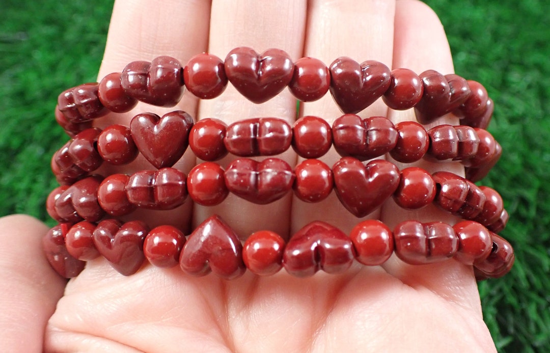 Deep Red Cinnabar Crystal Bracelet - 9mm Heart Beads - 6mm Smooth Round ...