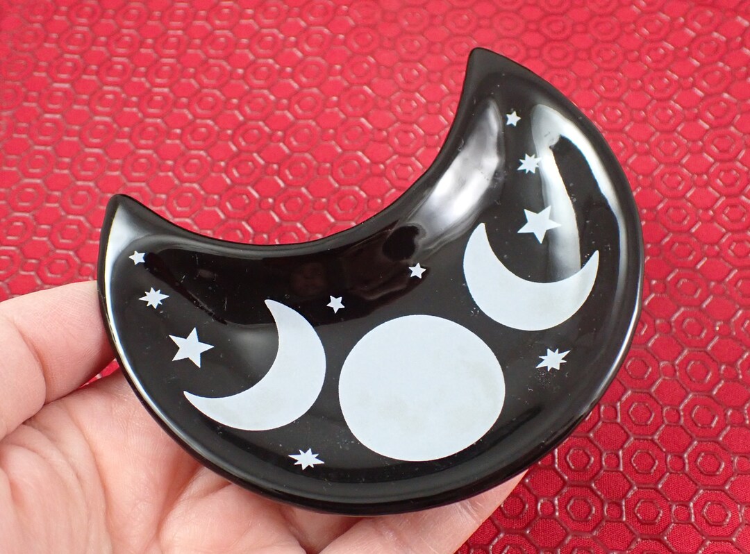 Small Moon Shaped Glass Tray for Crystals - Black White Moon Stars ...