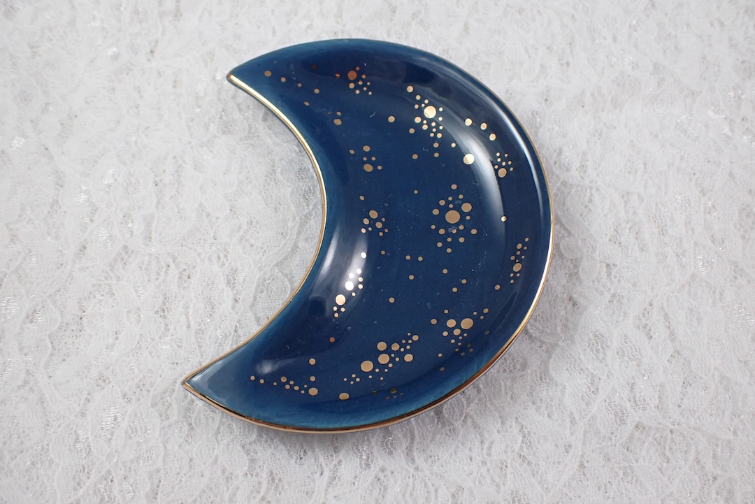 Small Moon Shaped Glass Bowl for Crystals - Navy Blue Gold Dots - Flat ...