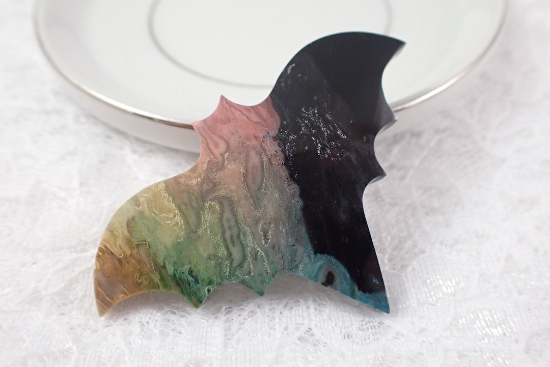 Black Rainbow Fossilized Palm Root Crystal Bat Carving - Smooth Flat ...