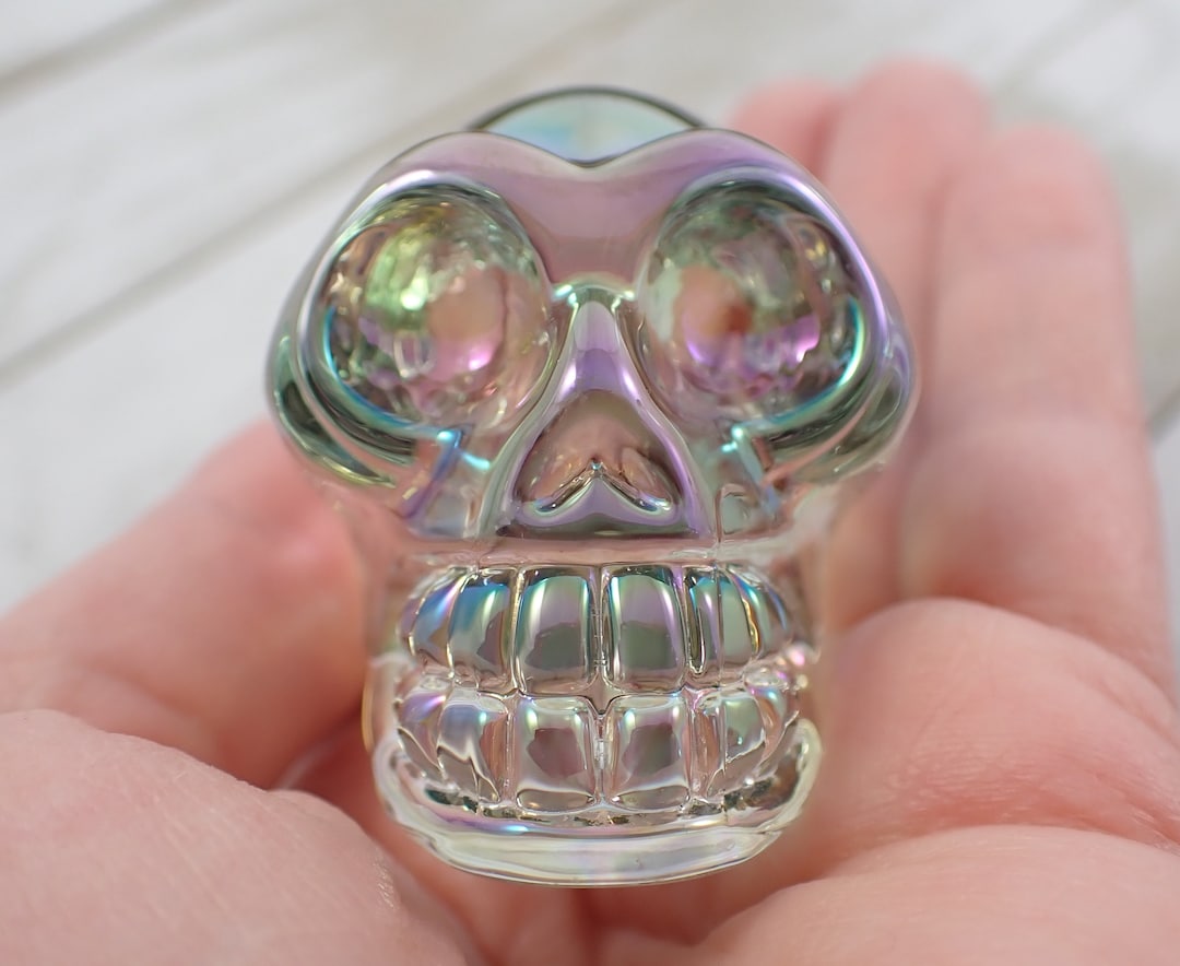 1 Piece Clear Glass Skull Figurine - Translucent Green Purple Tint ...