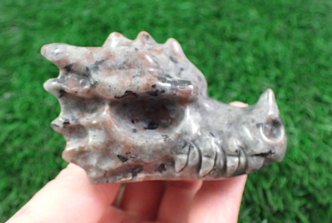 Yooperlite Crystal Dragon Skull Carving - Gray Black Orange - UV ...