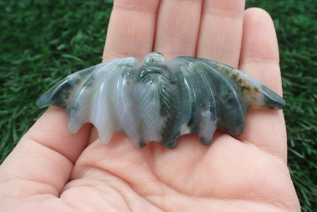 Green Moss Agate Crystal Bat Carving - Textured White Green Bat ...