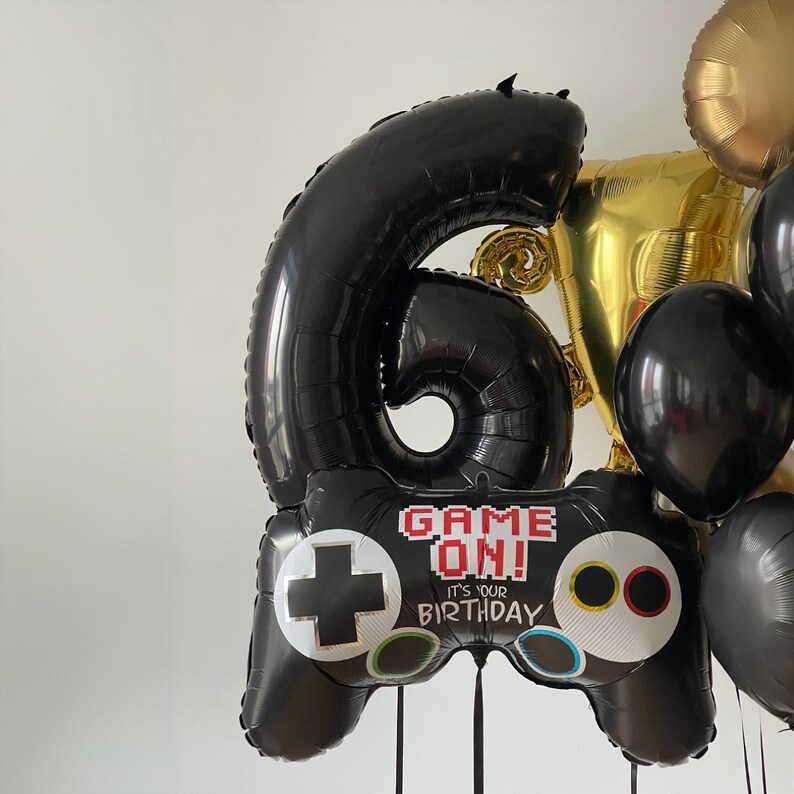 Gamer Birthday Balloon Bouquet: Game Controller, Trophy, Black & Gold ...
