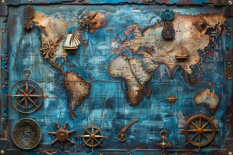 Vintage World Map With Nautical Instruments. - Etsy