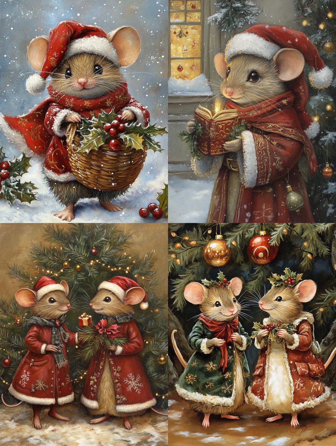 Four Different Pictures of Mice Dressed up for Christmas. This is a ...