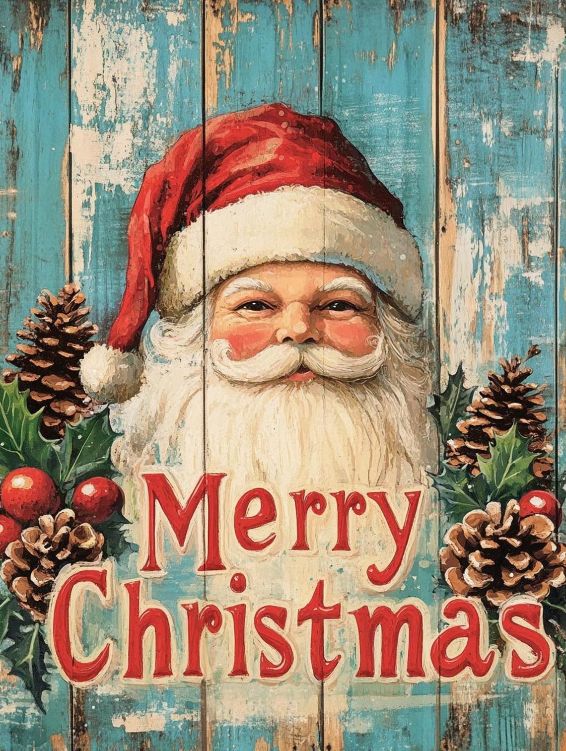 Old Fashioned Santa With Pine Cones and Holly Berries Shiplap Board ...