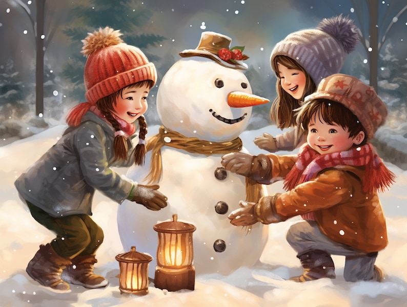 Children Building a Snowman - Etsy