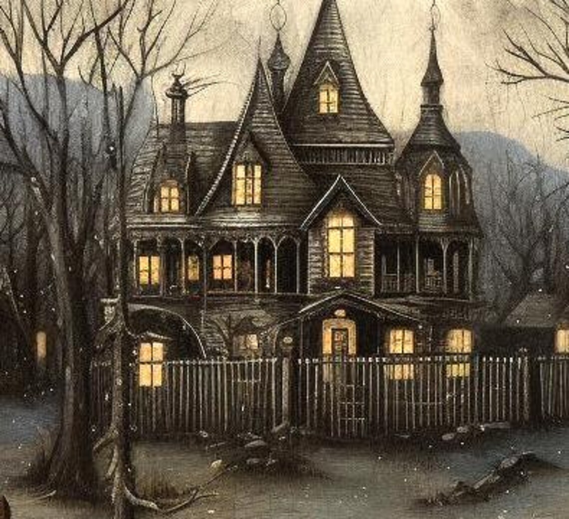 Eerie Haunted House With Bats Flying in Front of Full Moon - Etsy