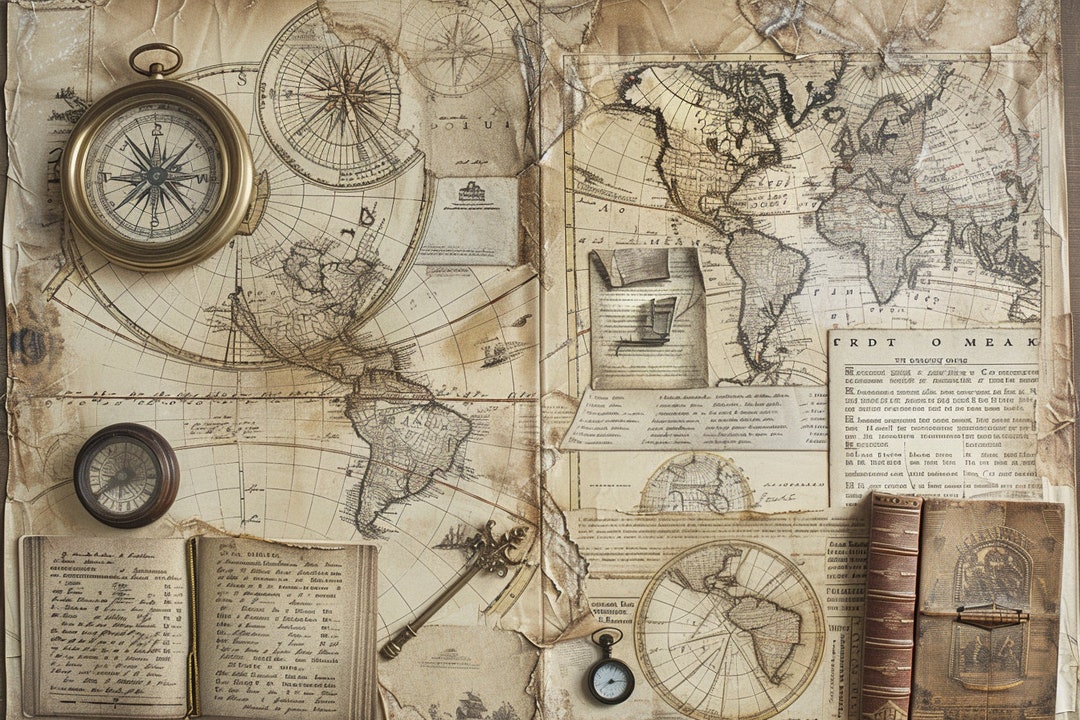 Vintage World Map With Nautical Instruments. Digital Download - Etsy