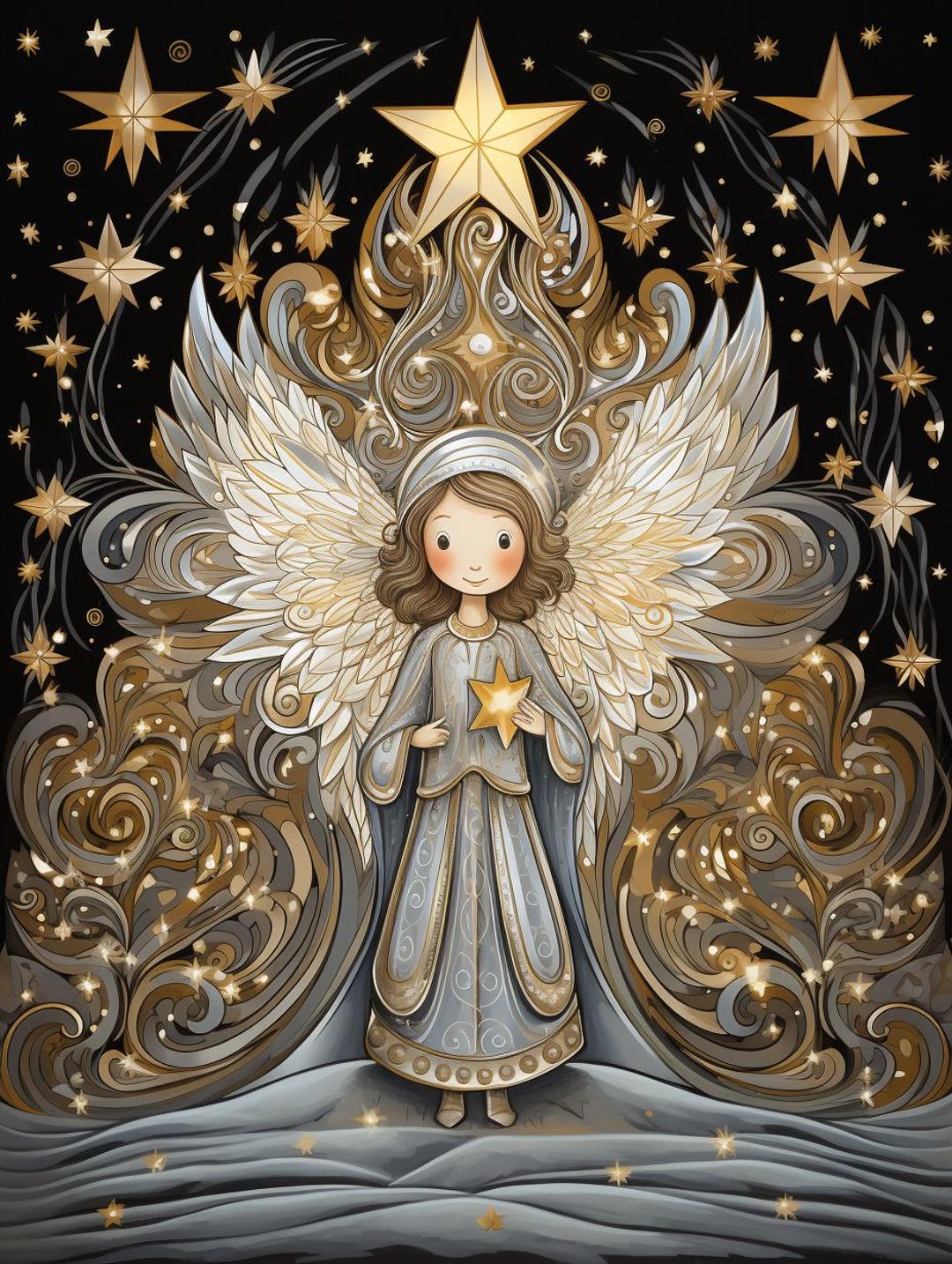 Angel in Silver and Gold With Gold Stars - Etsy