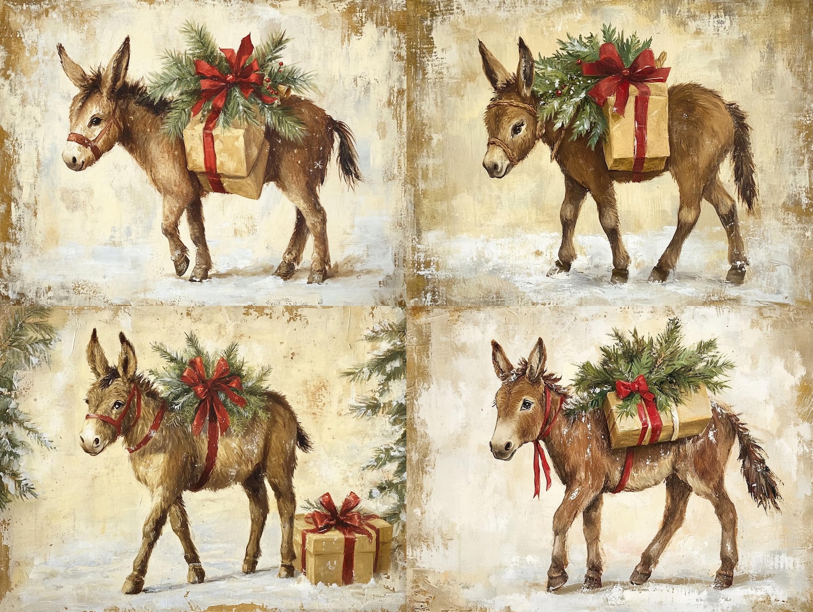 Four Different Scenes With Christmas Donkeys With Presents. This is a ...