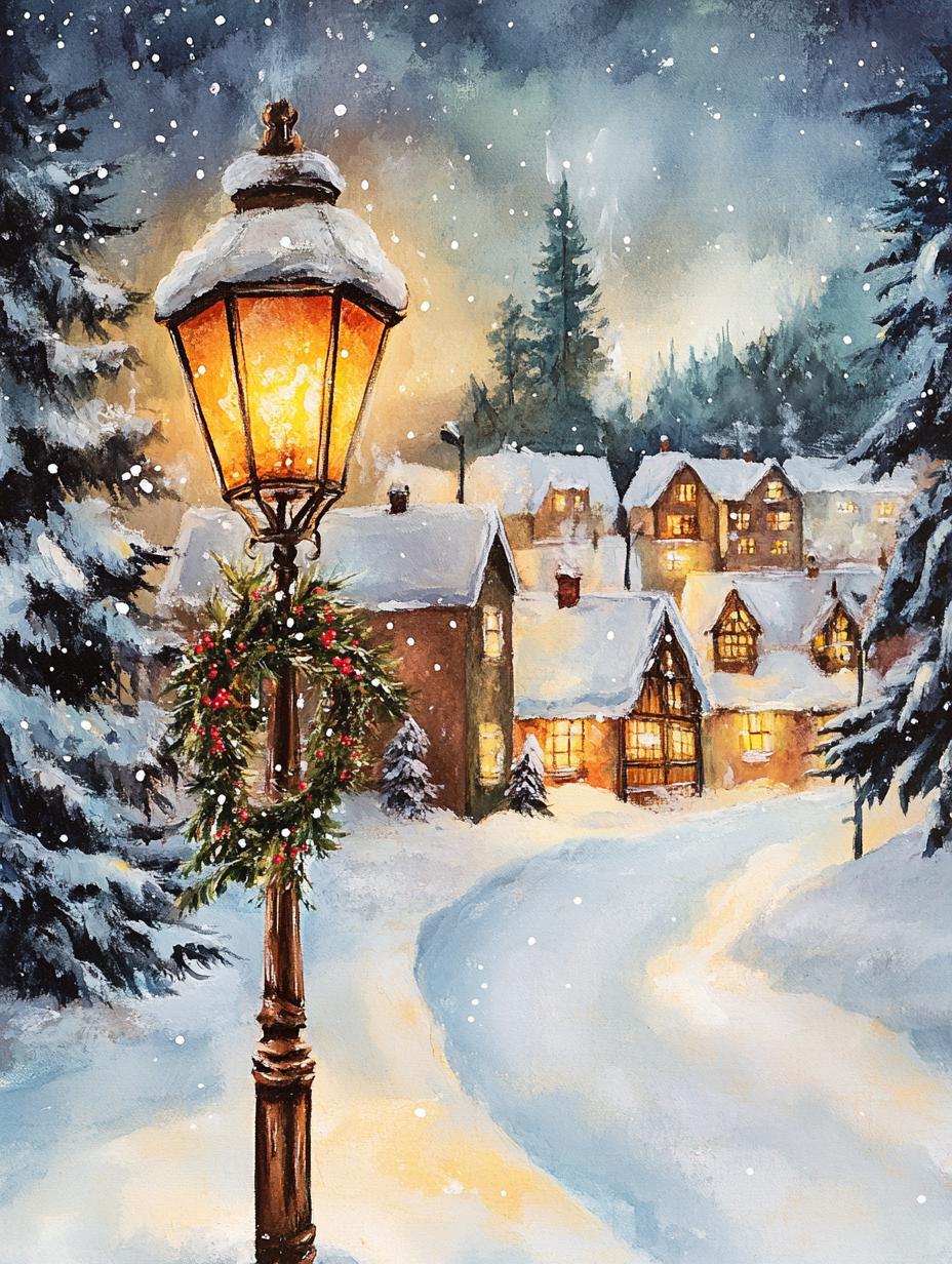 Christmas Lamppost Print, Snowy Village Scene on Rice Paper - Etsy