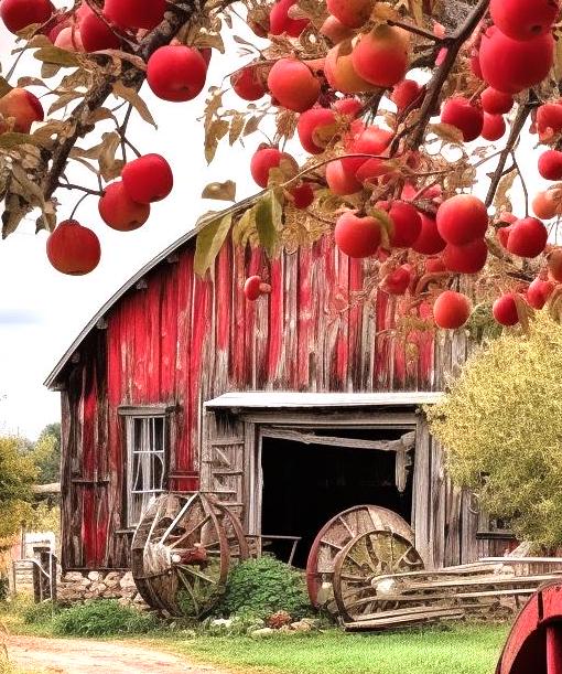 Apple Orchard With Red Barn - Etsy
