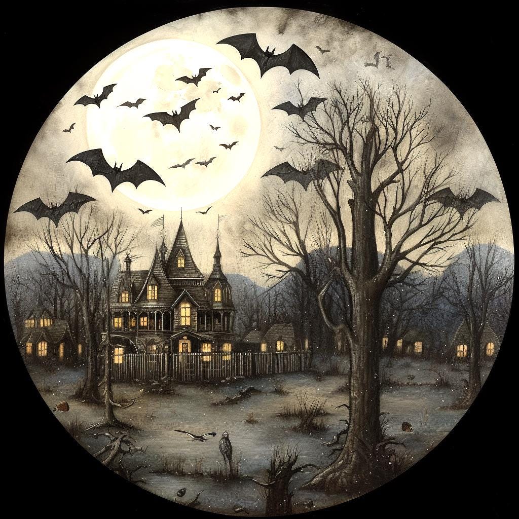 Eerie Haunted House With Bats Flying in Front of Full Moon - Etsy