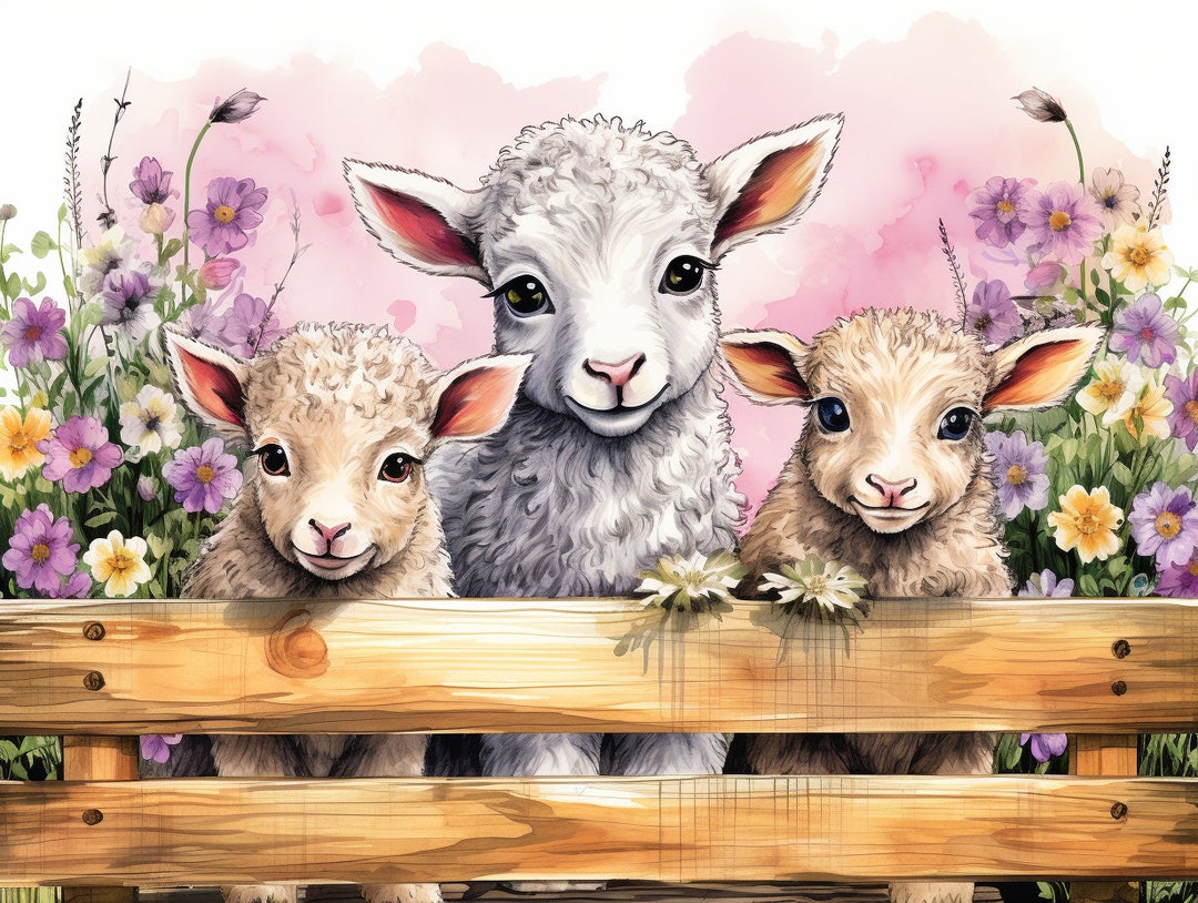 Easter Lambs at the Fence With Flowers - Etsy