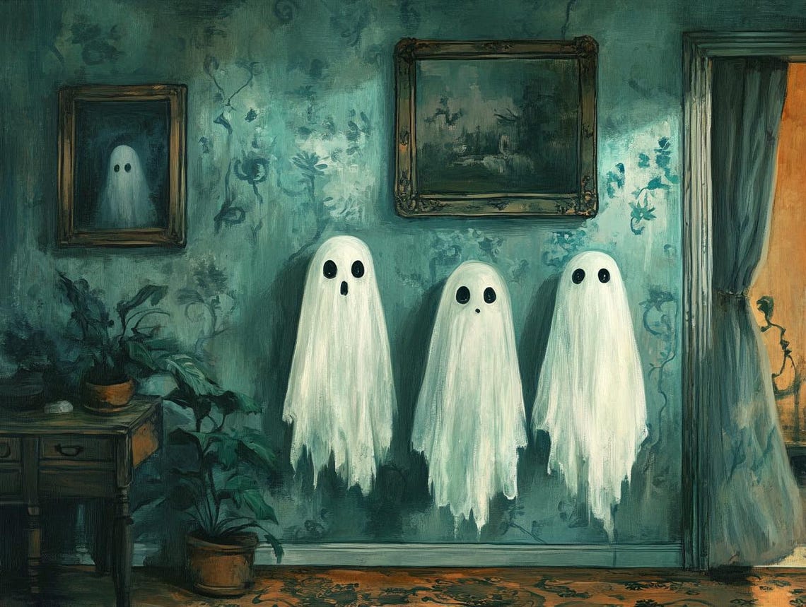 Halloween Ghosts Floating Past Scary Pictures. This is a Digital ...