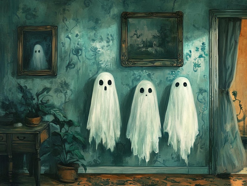 Halloween Ghosts Floating Past Scary Pictures. This is a Digital ...