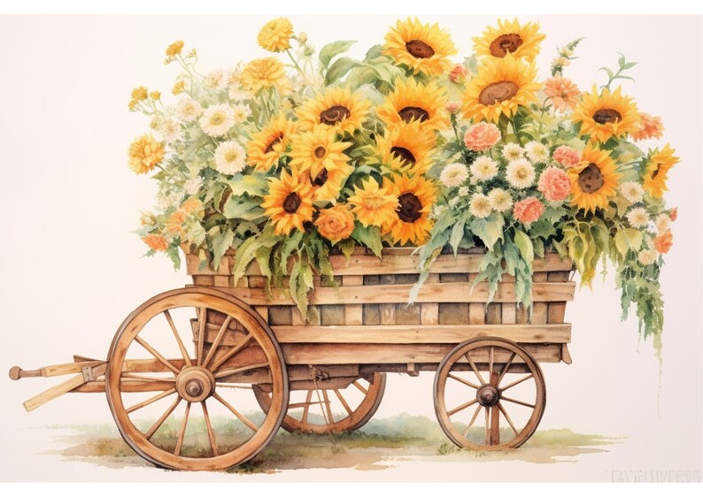 Sunflower Cart Print, Fall Floral Still Life (rice Paper) - Etsy