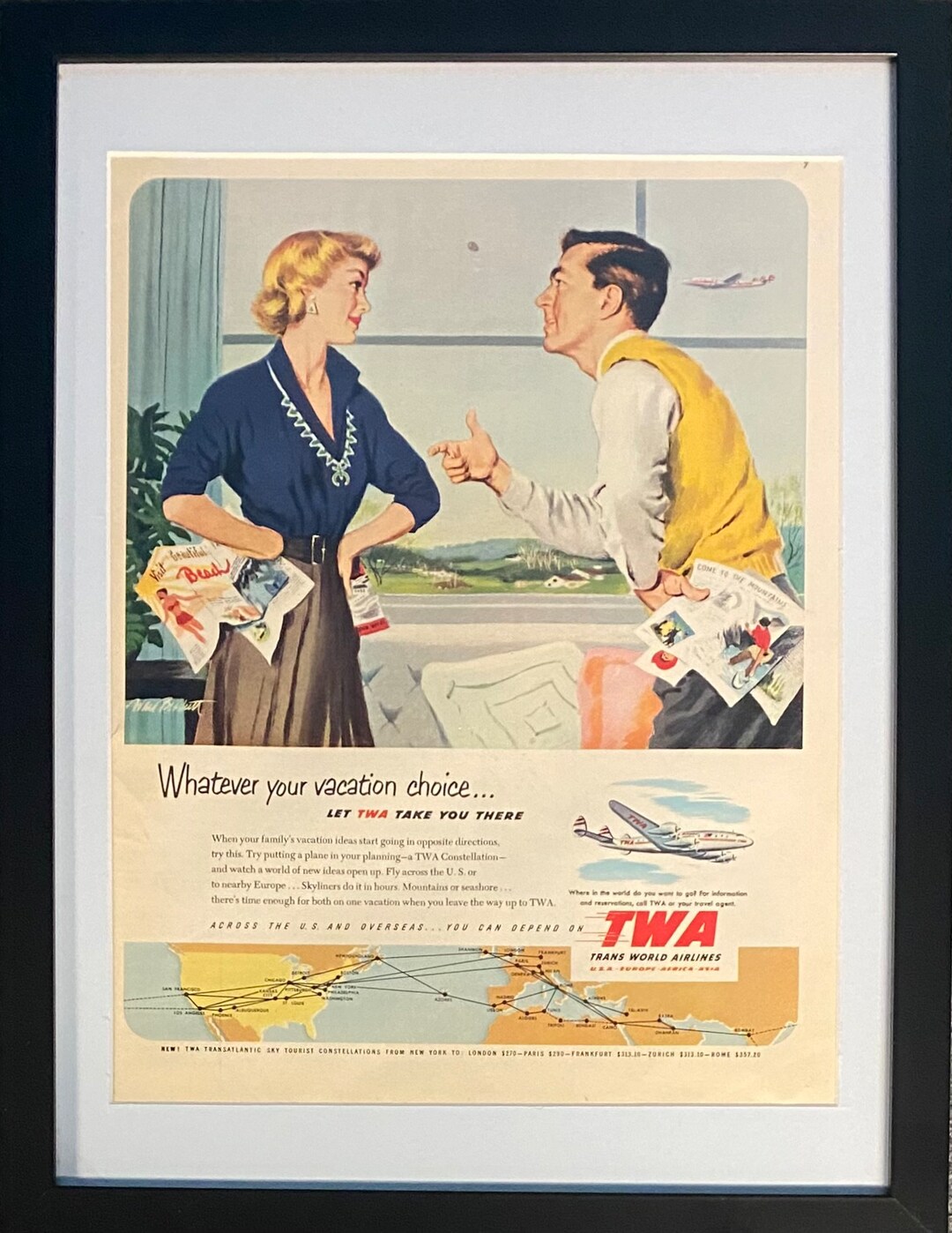 Vintage 1952 TWA Airlines Travel Framed Magazine Ad 16x12 - Etsy