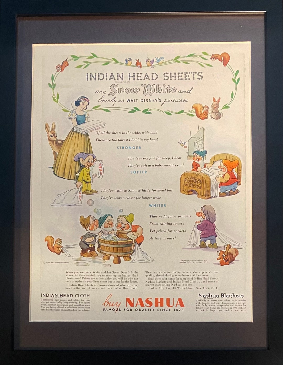 Vintage 1938 Snow White and Seven Dwarfs Nashua Blankets Disney Framed ...