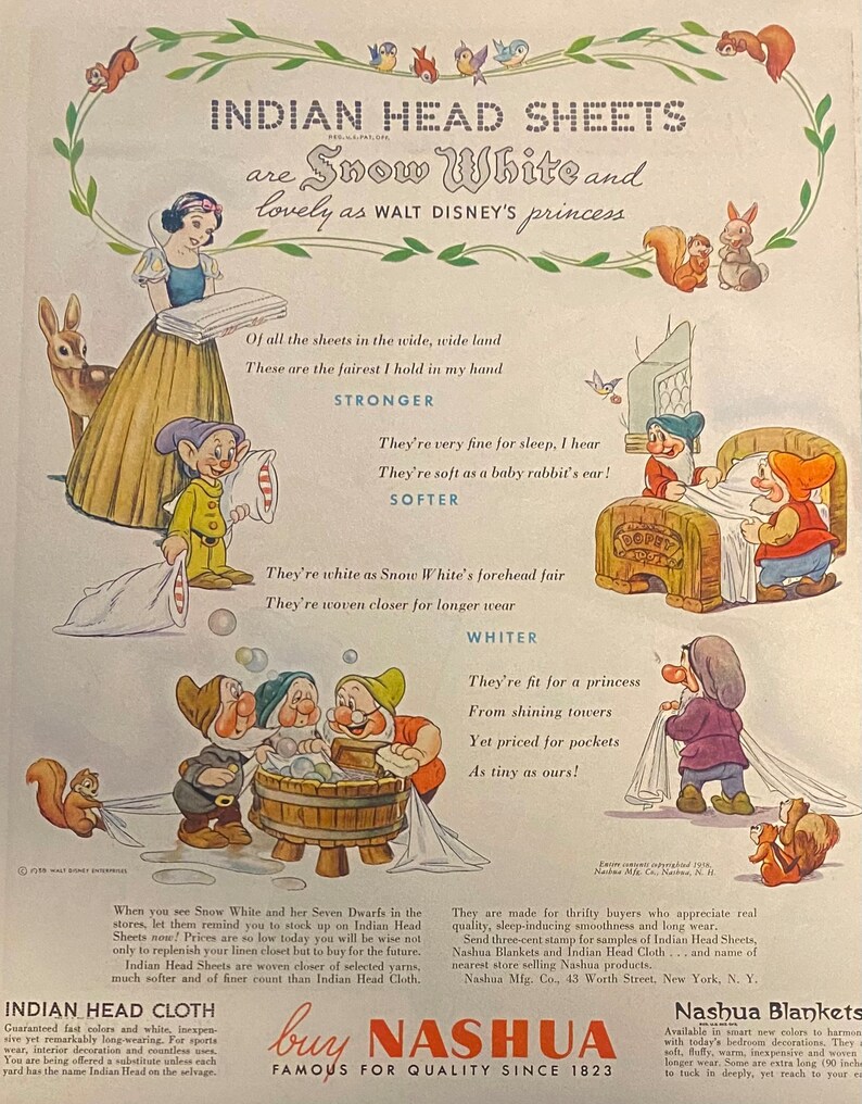 Vintage 1938 Snow White and Seven Dwarfs Nashua Blankets Disney Framed ...