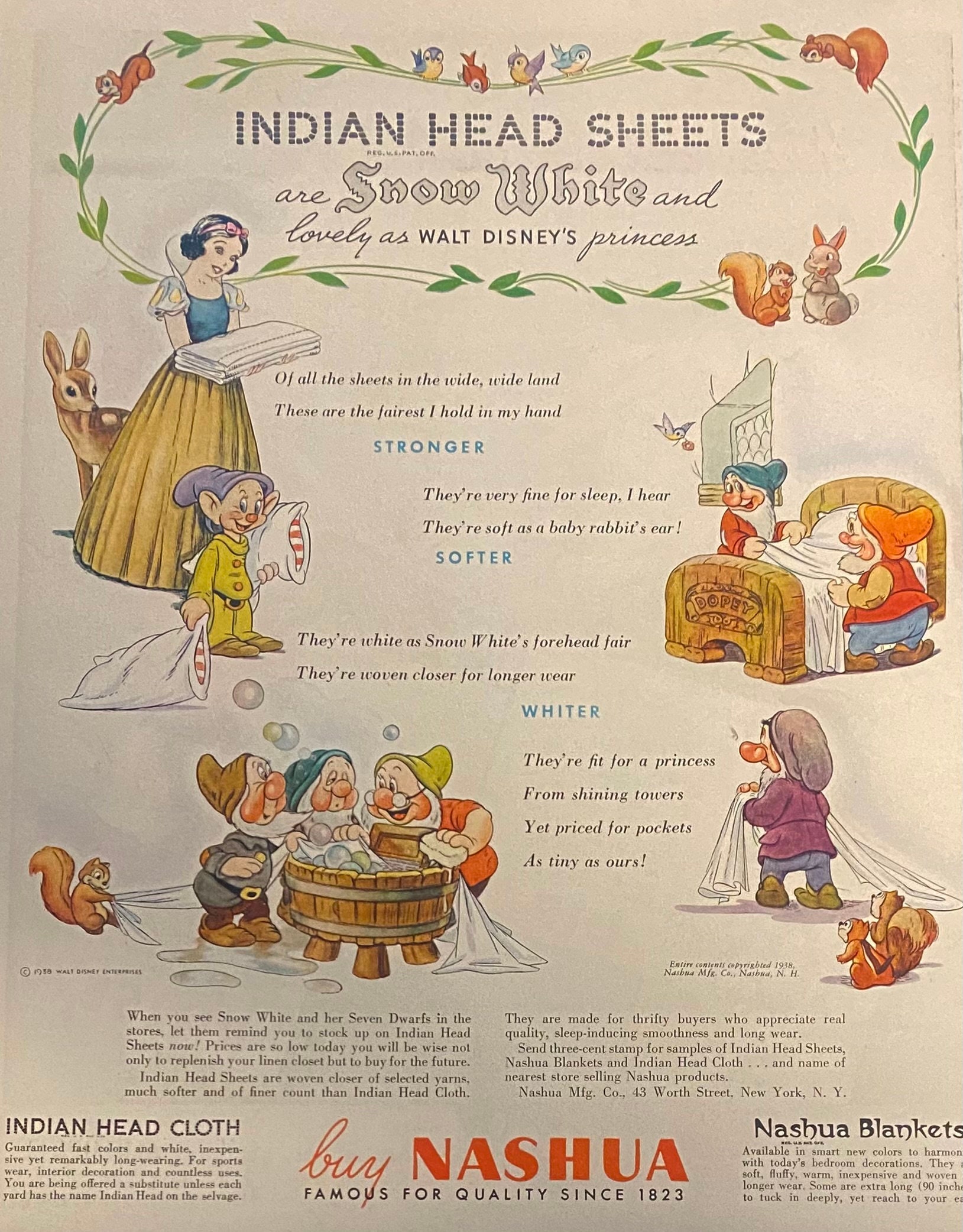 Vintage 1938 Snow White and Seven Dwarfs Nashua Blankets Disney Framed ...