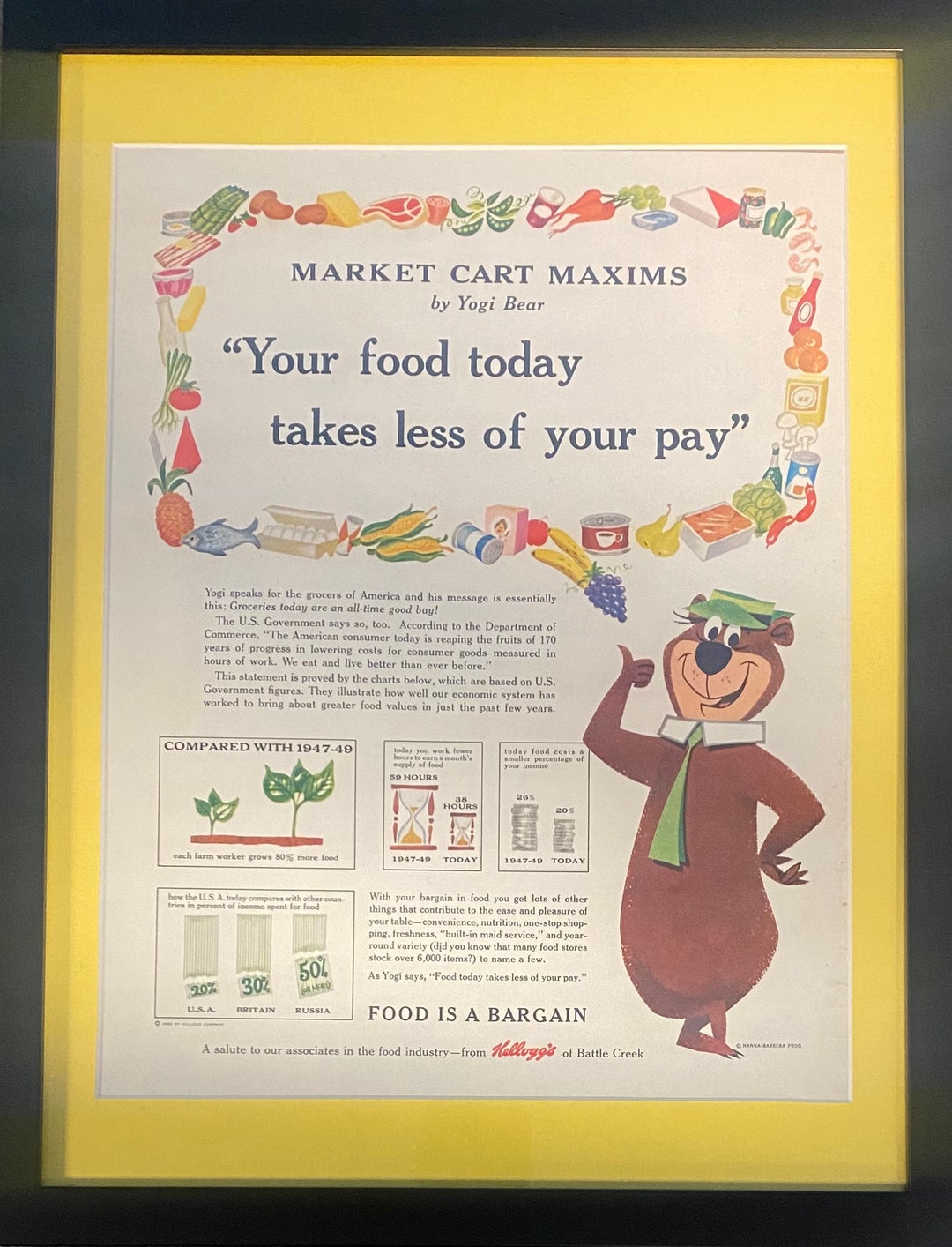 Vintage 1962 Yogi Bear - Market Cart Maxims Framed Ad Hanna Barbera - Etsy
