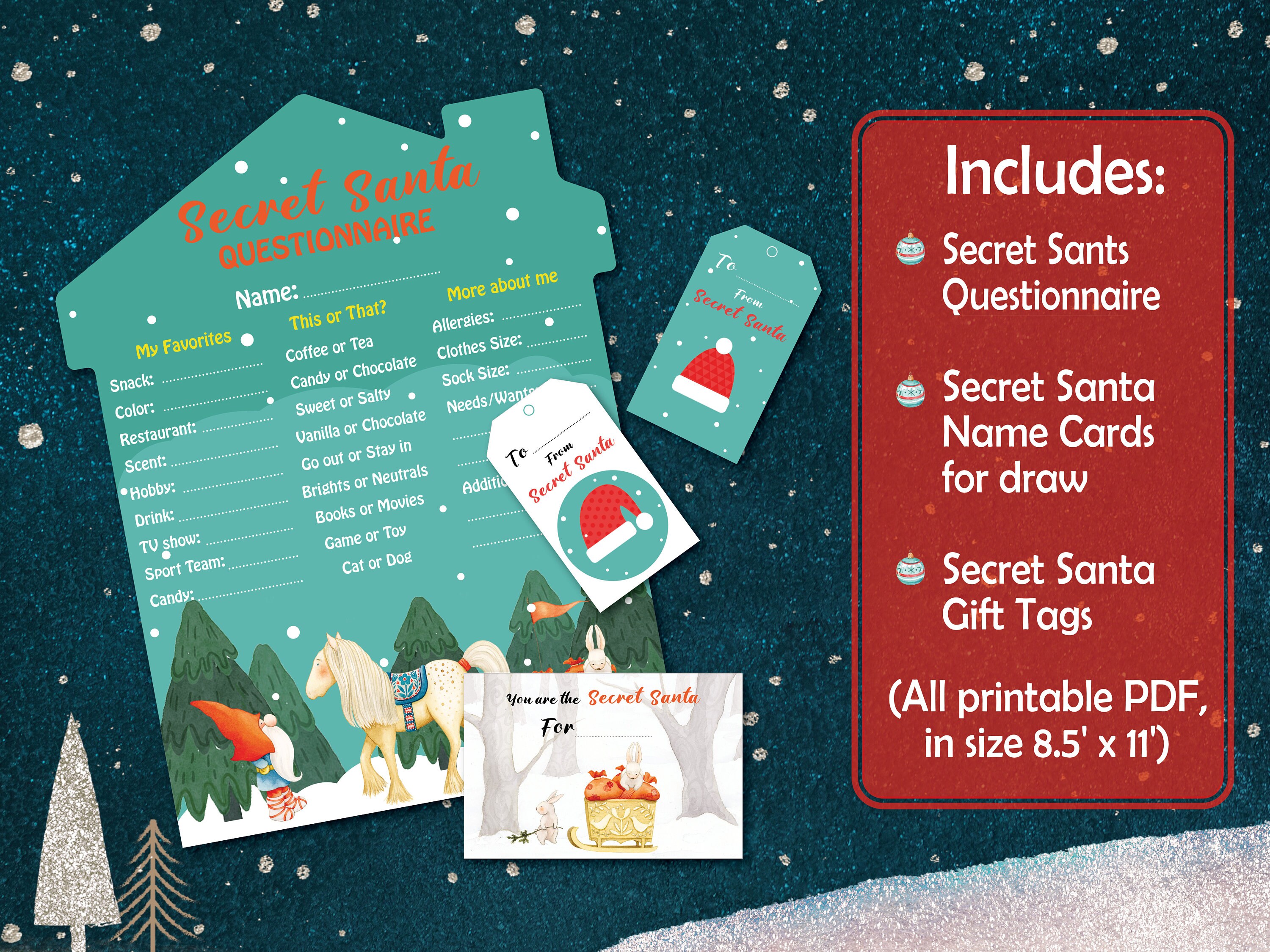 Secret Santa Cards Set Printable Gift Exchange Questionnaire for ...