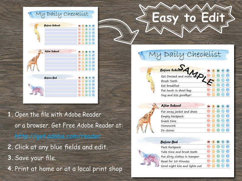 Printable Kids Daily Checklist & Planner | Instant Download | Editable ...