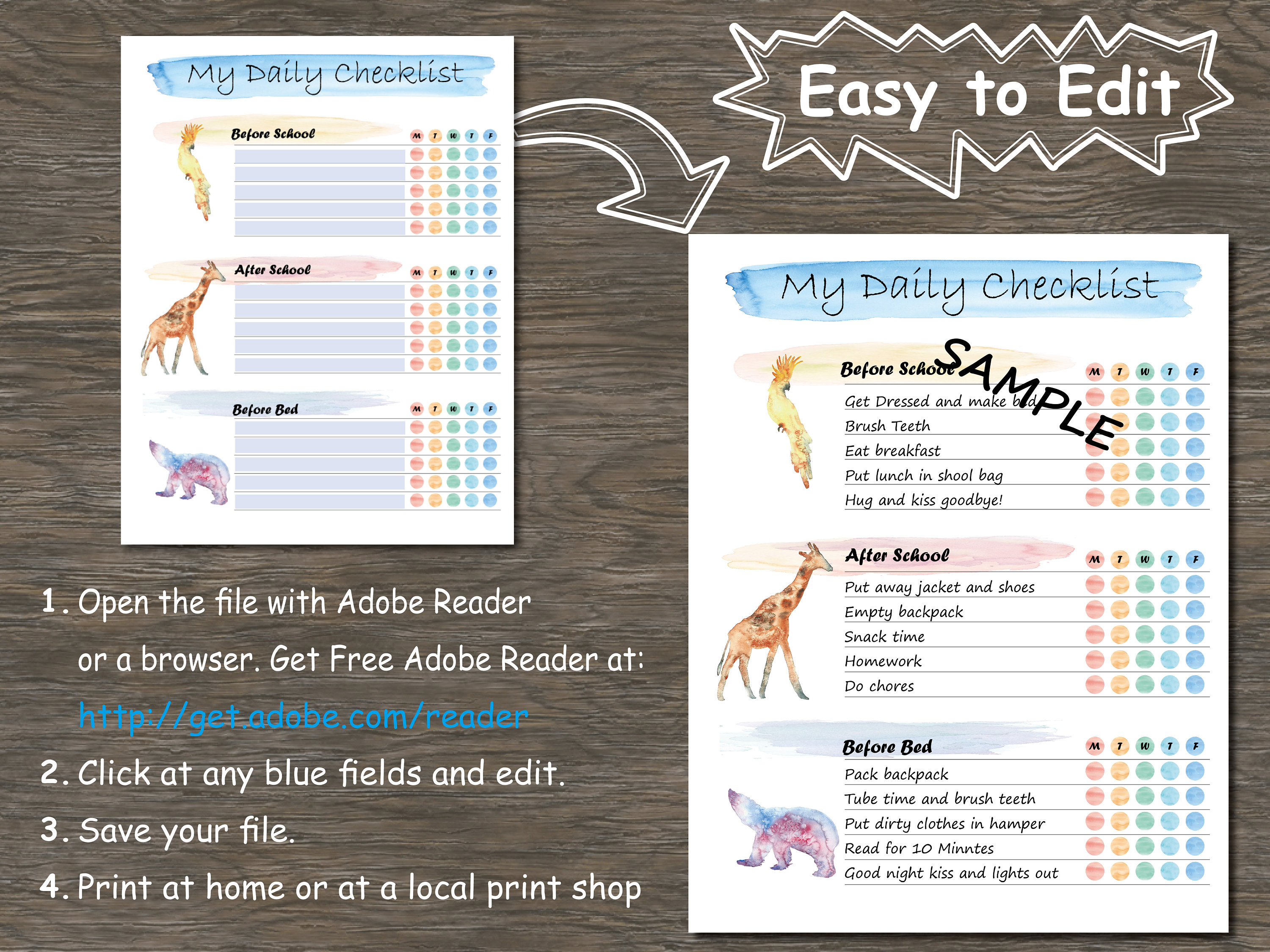 Printable Kids Daily Checklist & Planner | Instant Download | Editable ...