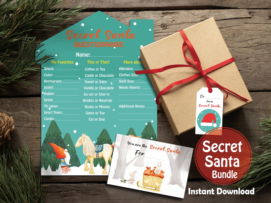 Secret Santa Cards Set | Printable Gift Exchange Questionnaire for ...