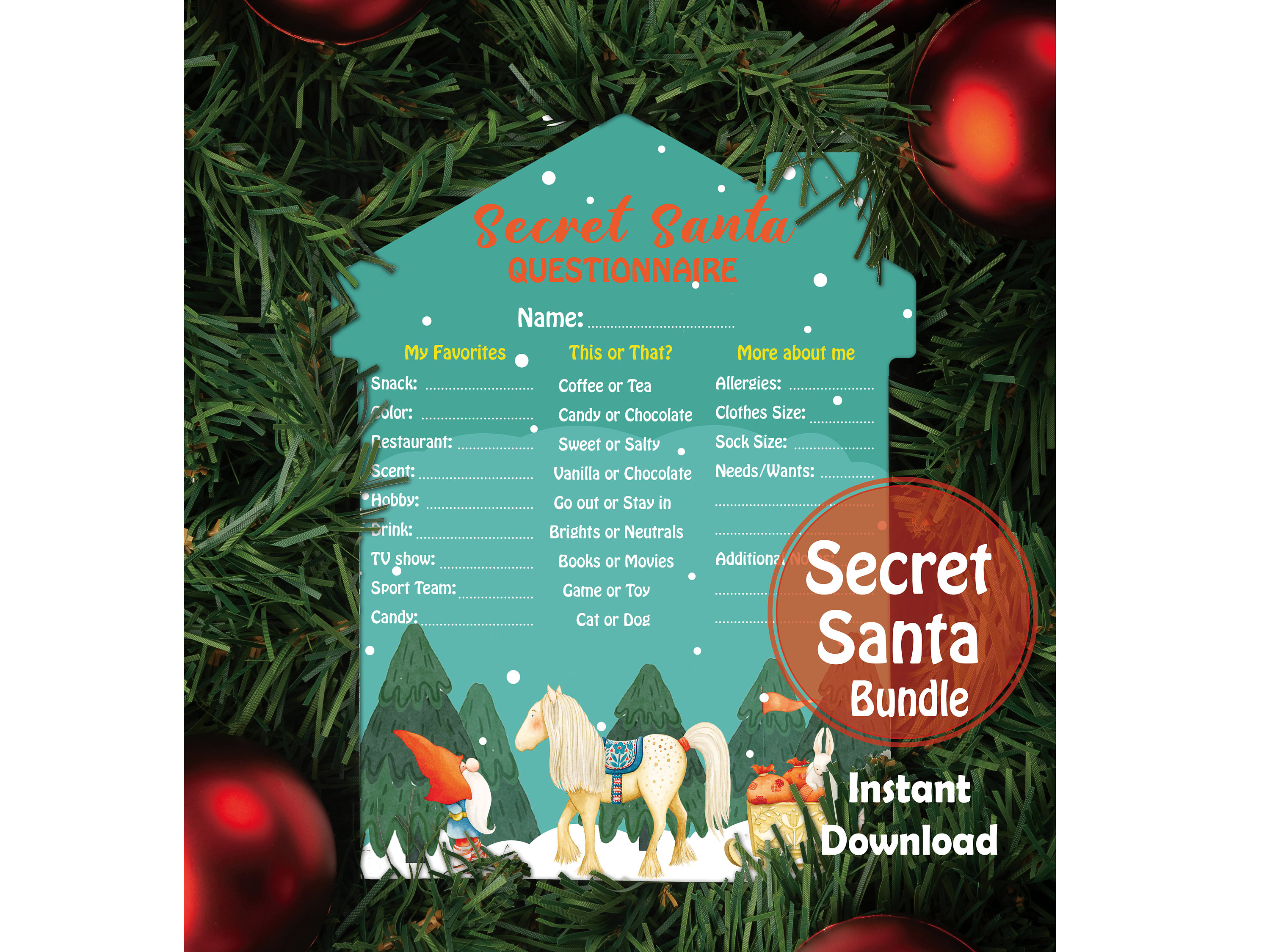Secret Santa Cards Set Printable Gift Exchange Questionnaire - Etsy