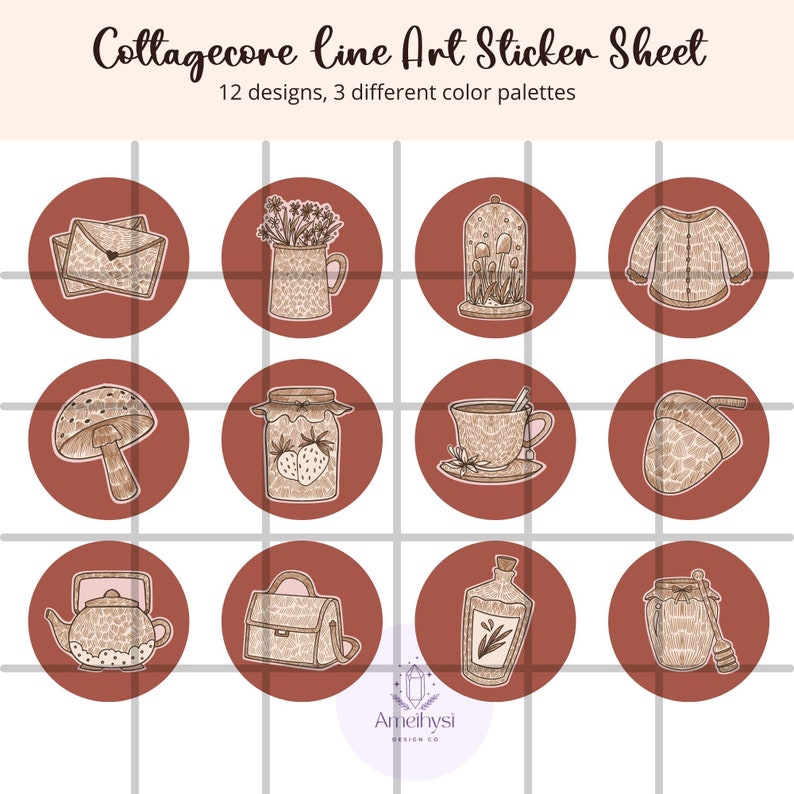 Cottagecore Lineart Sticker Sheet Digital Download PDF - Etsy
