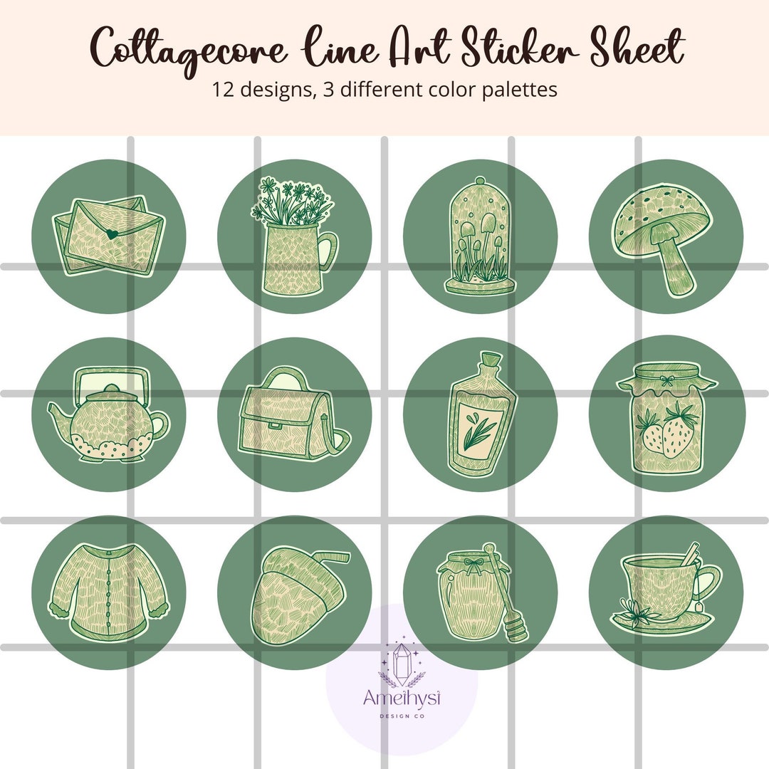 Cottagecore Lineart Sticker Sheet Digital Download PDF Printable - Etsy