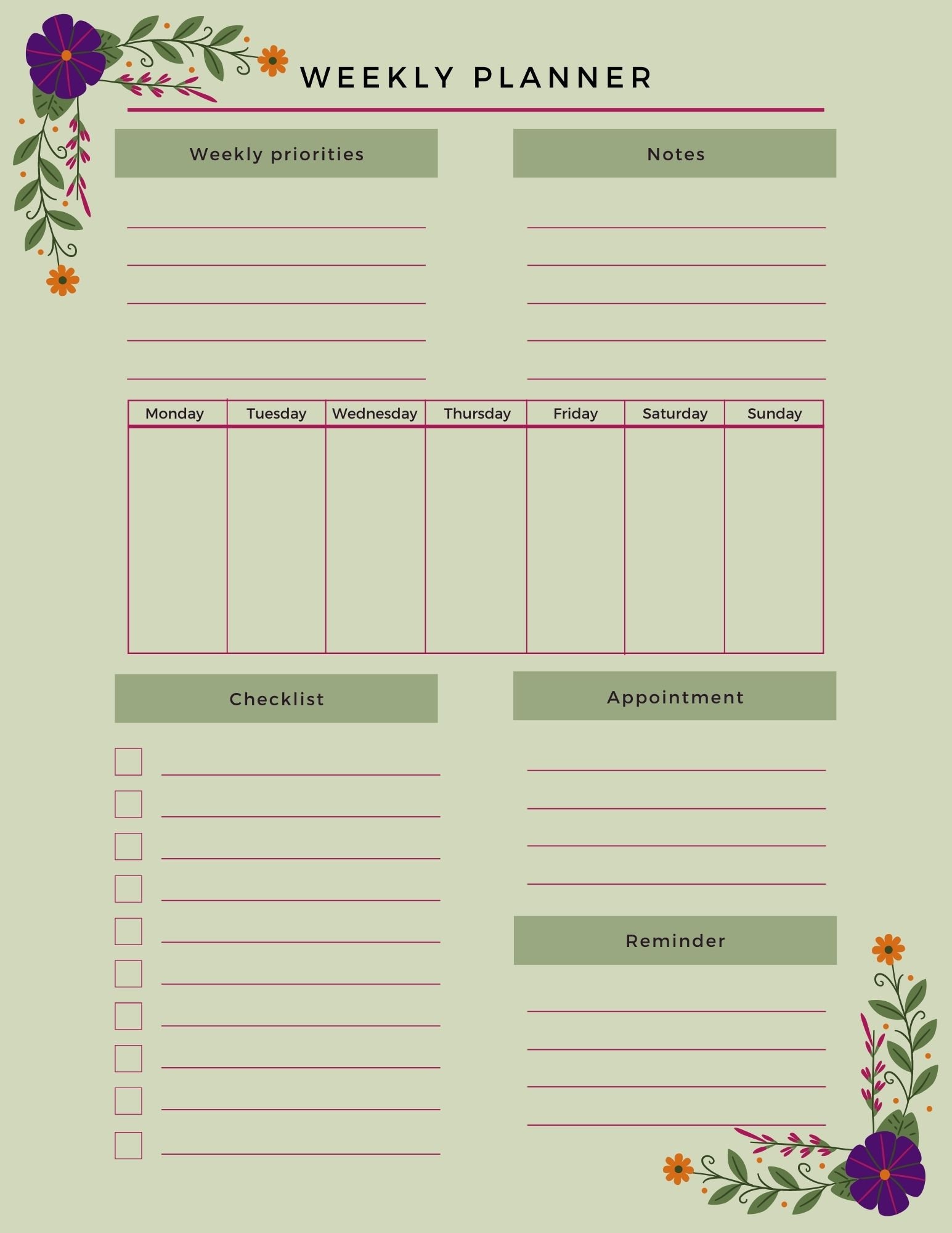 Sage Green Floral Planner Template - Etsy