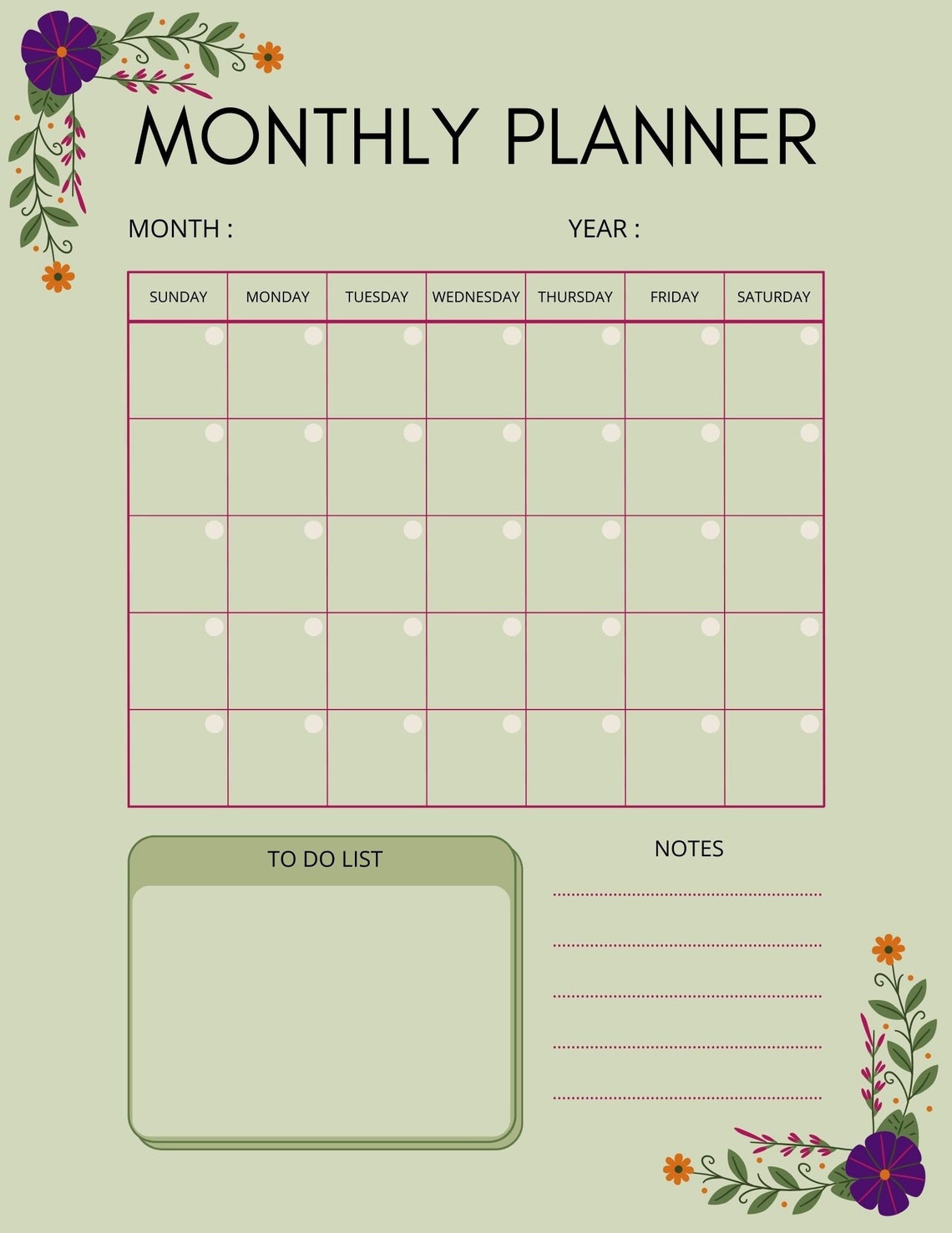 Sage Green Floral Planner Template - Etsy