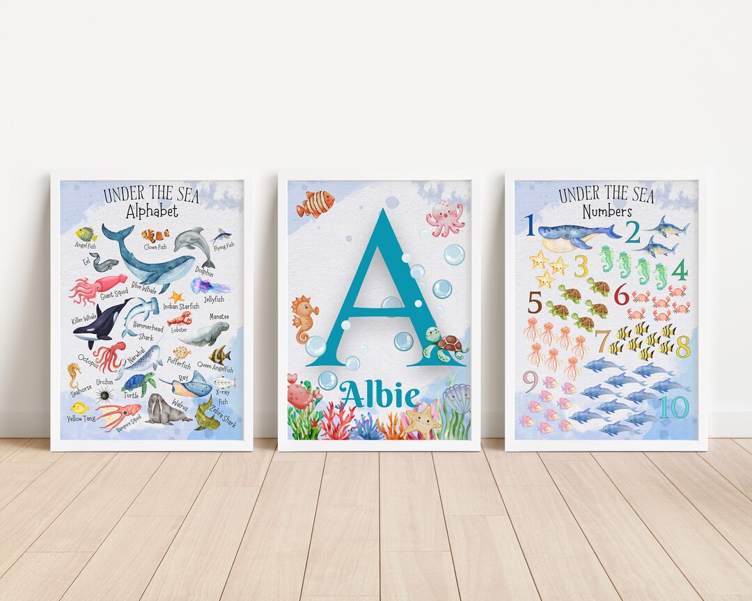 Sea Life Set of 3 Prints, Personalised Ocean Themed Nursery Decor, Sea ...