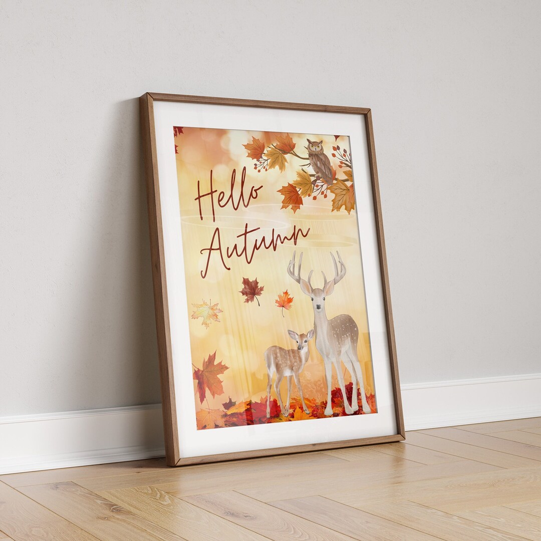 Autumn Leaves Poster, Hello Autumn Print, Deer Watercolour, Autumnal ...