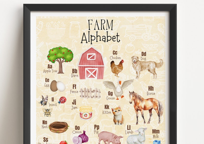 Farm Alphabet Poster: Watercolor Nursery Print, Farm Animals - Etsy